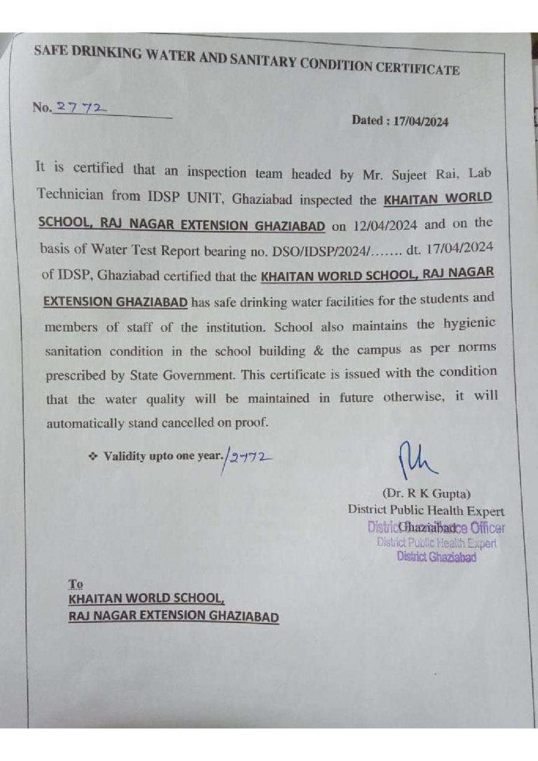 Safe Drinking Water, Health & Hygiene Certificate - Khaitan World